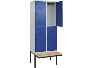 4066681747111 - Doppelstock-Spind Classic PLUS Sitzbank 2 Abteile lichtgrau   enzianblau B 800 mm Sicherheits-Drehriegel auskragend Buche-Hartholz C+P