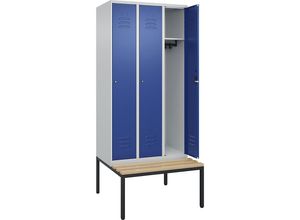 4066681828049 - Spind Classic PLUS Sitzbank 3 Abteile lichtgrau   enzianblau B 900 mm Zylinderschloss untergebaut Buche-Hartholz C+P