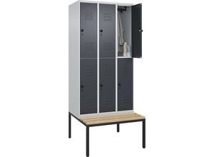 4066681748958 - Doppelstock-Spind Classic PLUS Sitzbank 3 Abteile lichtgrau   grau B 900 mm Sicherheits-Drehriegel untergebaut Buche-Hartholz C+P