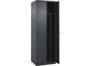 4067521330180 - Schwarz-Weiß-Spind Classic PLUS schmal 2 Abteile Trennwand verkürzt grau B 600 mm mit Bodengleitern Drehriegel Trennwand mittig C+P