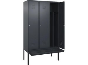 4066681787865 - Schwarz-Weiß-Spind Classic PLUS Sitzbank schmal 3 Abteile Trennwand verkürzt grau B 1200 mm Zylinderschloss auskragend Kunststoff C+P