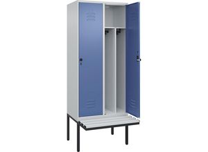 4066681786745 - Schwarz-Weiß-Spind Classic PLUS Sitzbank schmal 2 Abteile Trennwand verkürzt lichtgrau   fernblau B 800 mm Sicherheits-Drehriegel auskragend Kunststoff C+P
