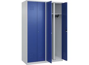 4067521331675 - Schwarz-Weiß-Spind Classic PLUS 2 Abteile lichtgrau   enzianblau HxB 1850 x 1200 mm mit Bodengleitern Zylinderschloss C+P