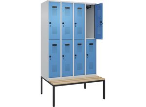 4068192156703 - Doppelstock-Spind Evolo PLUS Sitzbank 4 Abteile lichtgrau   lichtblau B 1200 mm Sicherheits-Drehriegel mit untergebauter Sitzbank Buche kaiserkraft