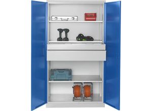 4061753275493 - eurokraft pro Materialschrank Tiefe 650 mm 3 Fachböden + 2 Schubladen Türen blau