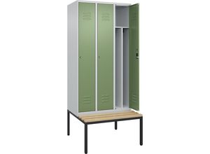 4066681819351 - Schwarz-Weiß-Spind Classic PLUS Sitzbank schmal 3 Abteile Trennwand verkürzt lichtgrau   resedagrün B 900 mm Zylinderschloss untergebaut Buche-Hartholz C+P