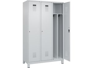 4067521991596 - Schwarz-Weiß-Spind Evolo PLUS schmal 3 Abteile Trennwand verkürzt lichtgrau B 1200 mm mit breiten Füßen Zylinderschloss kaiserkraft