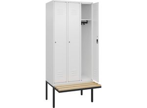 4066681827172 - Spind Classic PLUS Sitzbank 3 Abteile verkehrsweiß B 900 mm Zylinderschloss auskragend Buche-Hartholz C+P