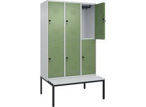 4066681808379 - Doppelstock-Spind Classic PLUS Sitzbank 3 Abteile lichtgrau   resedagrün B 1200 mm Sicherheits-Drehriegel untergebaut Kunststoff C+P