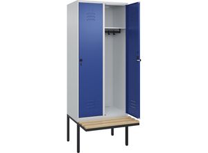 4066681740822 - Spind Classic PLUS Sitzbank 2 Abteile lichtgrau   enzianblau B 800 mm Sicherheits-Drehriegel auskragend Buche-Hartholz C+P