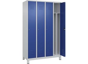 4066681614437 - Schwarz-Weiß-Spind Classic PLUS schmal 4 Abteile Trennwand verkürzt lichtgrau   enzianblau B 1200 mm mit Füßen Zylinderschloss Trennwand mittig C+P