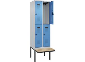 4068192157199 - Doppelstock-Spind Evolo PLUS Sitzbank 2 Abteile lichtgrau   lichtblau B 600 mm Sicherheits-Drehriegel mit auskragender Sitzbank Buche kaiserkraft