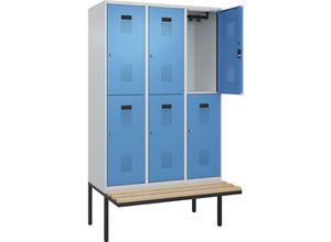 4068192263029 - Doppelstock-Spind Evolo PLUS Sitzbank 3 Abteile lichtgrau   lichtblau B 1200 mm Zylinderschloss mit auskragender Sitzbank Buche kaiserkraft