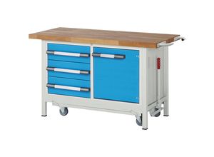 4061753038487 - eurokraft pro Fahr- und absenkbare Werkbank Gestellbauweise Serie 8000 3 Schubladen 1 Tür BxT 1500 x 700 mm