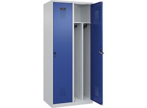 4067521931738 - Schwarz-Weiß-Spind Evolo PLUS schmal 2 Abteile Trennwand verkürzt lichtgrau   enzianblau B 800 mm mit Bodengleitern Sicherheits-Drehriegel kaiserkraft