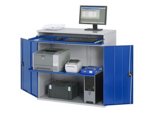 4040376919182 - Computer-Arbeitsstation Schrankgehäuse mit 1 Ausziehboden Breite 1100 mm lichtgrau   enzianblau RAU