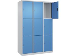 4068192006732 - 3er-Schließfachschrank Evolo PLUS 3 Abteile lichtgrau   lichtblau B 1200 mm 9 Fächer mit Bodengleitern Zylinderschloss kaiserkraft