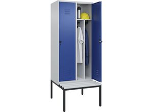 4066681792425 - Schwarz-Weiß-Spind Classic PLUS Sitzbank schmal 2 Abteile Trennwand verkürzt lichtgrau   enzianblau B 800 mm Sicherheits-Drehriegel untergebaut Kunststoff C+P