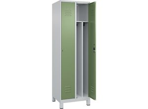 4066681611764 - Schwarz-Weiß-Spind Classic PLUS schmal 2 Abteile Trennwand verkürzt lichtgrau   resedagrün B 600 mm mit Füßen Zylinderschloss Trennwand mittig C+P