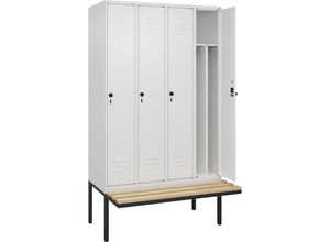 4066681741980 - Schwarz-Weiß-Spind Classic PLUS Sitzbank schmal 4 Abteile Trennwand verkürzt verkehrsweiß B 1200 mm Sicherheits-Drehriegel auskragend Buche-Hartholz C+P