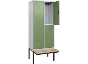 4066681799660 - Doppelstock-Spind Classic PLUS Sitzbank 2 Abteile lichtgrau   resedagrün B 800 mm Zylinderschloss auskragend Buche-Hartholz C+P