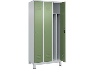 4066681613263 - Schwarz-Weiß-Spind Classic PLUS schmal 3 Abteile Trennwand verkürzt lichtgrau   resedagrün B 900 mm mit Füßen Zylinderschloss Trennwand mittig C+P