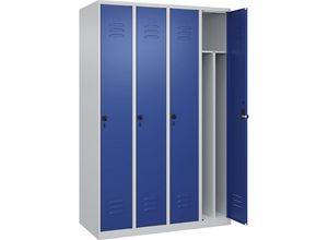 4067521330043 - Schwarz-Weiß-Spind Classic PLUS schmal 4 Abteile Trennwand verkürzt lichtgrau   enzianblau B 1200 mm mit Bodengleitern Drehriegel Trennwand mittig C+P