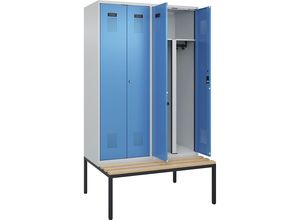 4068192263494 - Schwarz-Weiß-Spind Evolo PLUS Sitzbank 4 Abteile Trennwand verkürzt lichtgrau   lichtblau B 1200 mm Zylinderschloss mit untergebauter Sitzbank Buche kaiserkraft