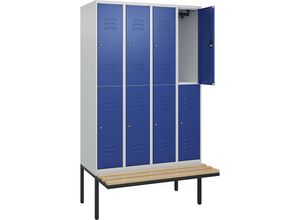 4066681802780 - Doppelstock-Spind Classic PLUS Sitzbank 4 Abteile lichtgrau   enzianblau B 1200 mm Zylinderschloss auskragend Buche-Hartholz C+P