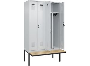 4068192197812 - Schwarz-Weiß-Spind Evolo PLUS Sitzbank 4 Abteile Trennwand verkürzt lichtgrau   lichtgrau B 1200 mm Sicherheits-Drehriegel mit auskragender Sitzbank Buche kaiserkraft