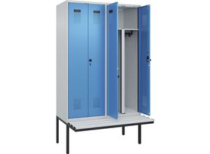 4068192359043 - Schwarz-Weiß-Spind Evolo PLUS Sitzbank 4 Abteile Trennwand verkürzt lichtgrau   lichtblau B 1200 mm Sicherheits-Drehriegel mit auskragender Sitzbank Kunststoff kaiserkraft