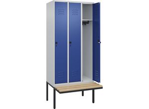 4066681741126 - Spind Classic PLUS Sitzbank 3 Abteile lichtgrau   enzianblau B 900 mm Sicherheits-Drehriegel auskragend Buche-Hartholz C+P