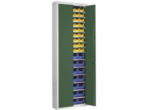 4250633317136 - mauser Magazinschrank HxBxT 2150 x 680 x 280 mm mit Sichtlagerkästen zweifarbig Korpus grau Türen grün 82 Kästen