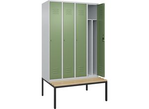 4066681819634 - Schwarz-Weiß-Spind Classic PLUS Sitzbank schmal 4 Abteile Trennwand verkürzt lichtgrau   resedagrün B 1200 mm Zylinderschloss untergebaut Buche-Hartholz C+P