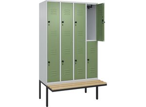 4066681747593 - Doppelstock-Spind Classic PLUS Sitzbank 4 Abteile lichtgrau   resedagrün B 1200 mm Sicherheits-Drehriegel auskragend Buche-Hartholz C+P