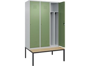 4066681819498 - Schwarz-Weiß-Spind Classic PLUS Sitzbank schmal 3 Abteile Trennwand verkürzt lichtgrau   resedagrün B 1200 mm Zylinderschloss untergebaut Buche-Hartholz C+P