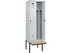 4068192197454 - Schwarz-Weiß-Spind Evolo PLUS Sitzbank schmal 2 Abteile Trennwand verkürzt lichtgrau   lichtgrau B 600 mm Sicherheits-Drehriegel mit auskragender Sitzbank Buche kaiserkraft