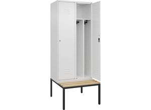 4066681819290 - Schwarz-Weiß-Spind Classic PLUS Sitzbank schmal 2 Abteile Trennwand verkürzt verkehrsweiß B 800 mm Zylinderschloss untergebaut Buche-Hartholz C+P
