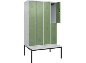 4066681749689 - Doppelstock-Spind Classic PLUS Sitzbank 4 Abteile lichtgrau   resedagrün B 1200 mm Zylinderschloss untergebaut Kunststoff C+P