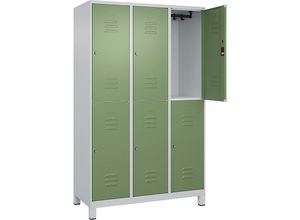 4066681622555 - Doppelstock-Spind Classic PLUS 3 Abteile lichtgrau   resedagrün HxB 1950 x 1200 mm mit Füßen Zylinderschloss C+P