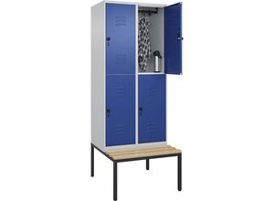 4066681748606 - Doppelstock-Spind Classic PLUS Sitzbank 2 Abteile lichtgrau   enzianblau B 800 mm Sicherheits-Drehriegel untergebaut Buche-Hartholz C+P