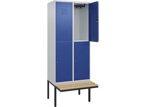 4066681799639 - Doppelstock-Spind Classic PLUS Sitzbank 2 Abteile lichtgrau   enzianblau B 800 mm Zylinderschloss auskragend Buche-Hartholz C+P