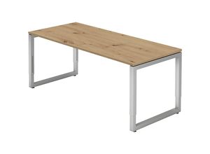 4032062187487 - eurokraft pro Schreibtisch mit Gestell aus Vierkant-Stahlrohr Höhe 650 - 850 mm BxT 1800 x 800 mm Asteiche   alusilber