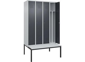 4066681793682 - Schwarz-Weiß-Spind Classic PLUS Sitzbank schmal 4 Abteile Trennwand verkürzt lichtgrau   grau B 1200 mm Zylinderschloss untergebaut Kunststoff C+P