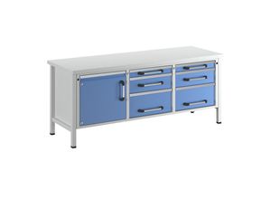 4014641100346 - eurokraft pro Werkbank Gestellbauweise Breite 2000 mm 6 Schubladen 1 Türe Universalplatte