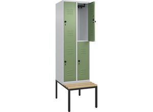 4066681748347 - Doppelstock-Spind Classic PLUS Sitzbank 2 Abteile lichtgrau   resedagrün B 600 mm Sicherheits-Drehriegel untergebaut Buche-Hartholz C+P