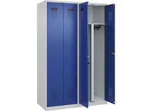 4067521974032 - Schwarz-Weiß-Spind Evolo PLUS 2 Abteile Trennwand verkürzt lichtgrau   enzianblau B 1200 mm mit Bodengleitern Zylinderschloss kaiserkraft