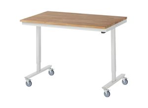 4040376506597 - Elektrisch höhenverstellbarer Arbeitstisch fahrbar Buche massiv Plattenbreite 1250 mm RAU