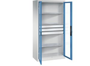 4064615161767 - Sichtfenster-Flügeltürschrank HxBxT 1950 x 930 x 500 mm 3 Fachböden 3 Schubladen lichtgrau   lichtblau C+P