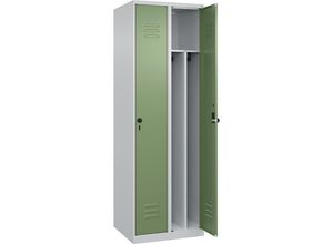 4067521329962 - Schwarz-Weiß-Spind Classic PLUS schmal 2 Abteile Trennwand verkürzt lichtgrau   resedagrün B 600 mm mit Bodengleitern Drehriegel Trennwand mittig C+P